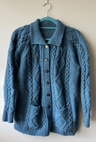 Vtg Chunky Irish Aran Handknit Women's M/L Blue Wool Cardigan Cable ...