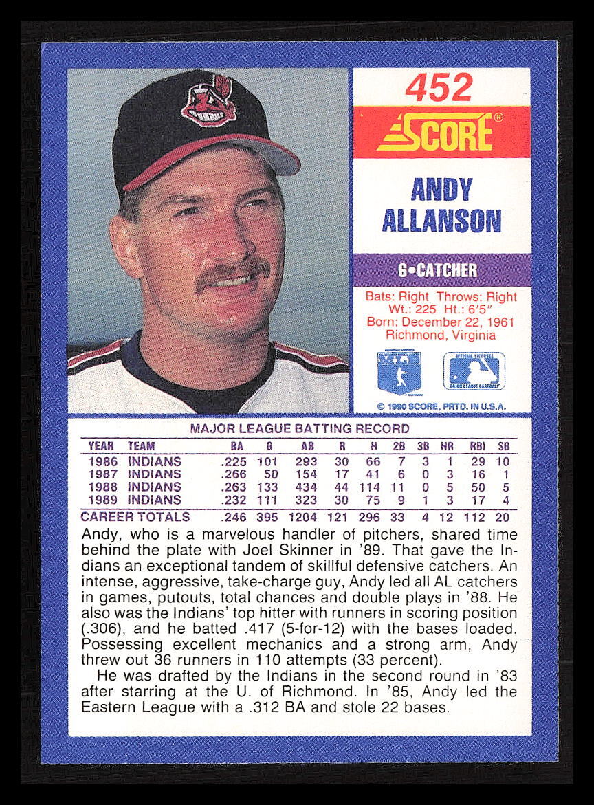 Andy Allanson 1990 Score #452 Cleveland Indians | eBay