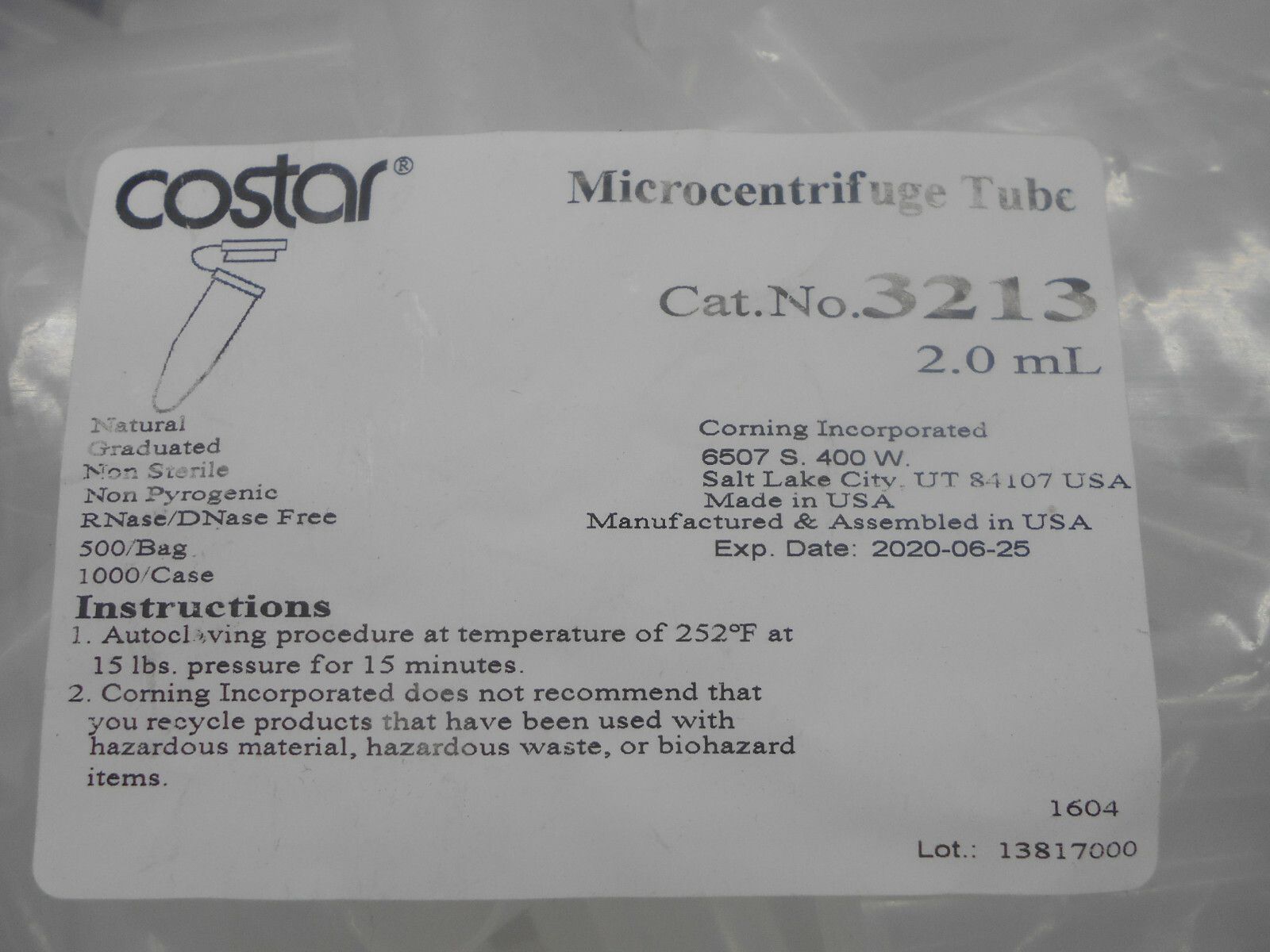COSTAR 3213 2.0ML NON STERILE NATURAL GRADUATED MICROCENTRIFUGE TUBES ...