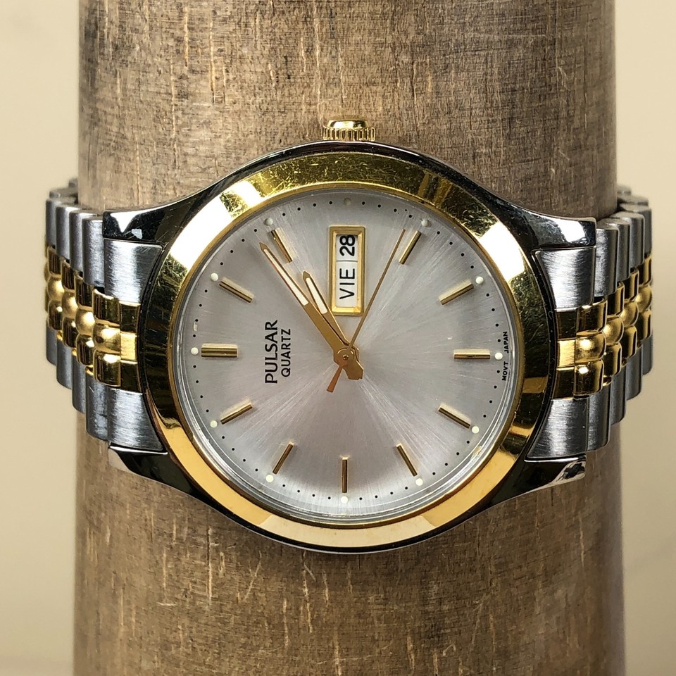 Pulsar Men V733-X001 Dress Day Date Two Tone Quartz Analog 34mm Watch 7 ...