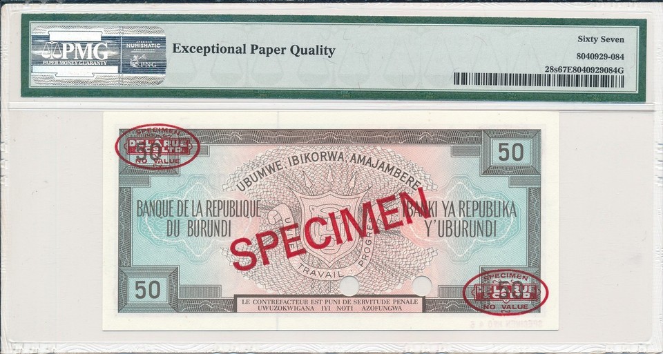 Banque de la Republique Burundi 50 Francs 1988 Specimen PMG 67EPQ | eBay