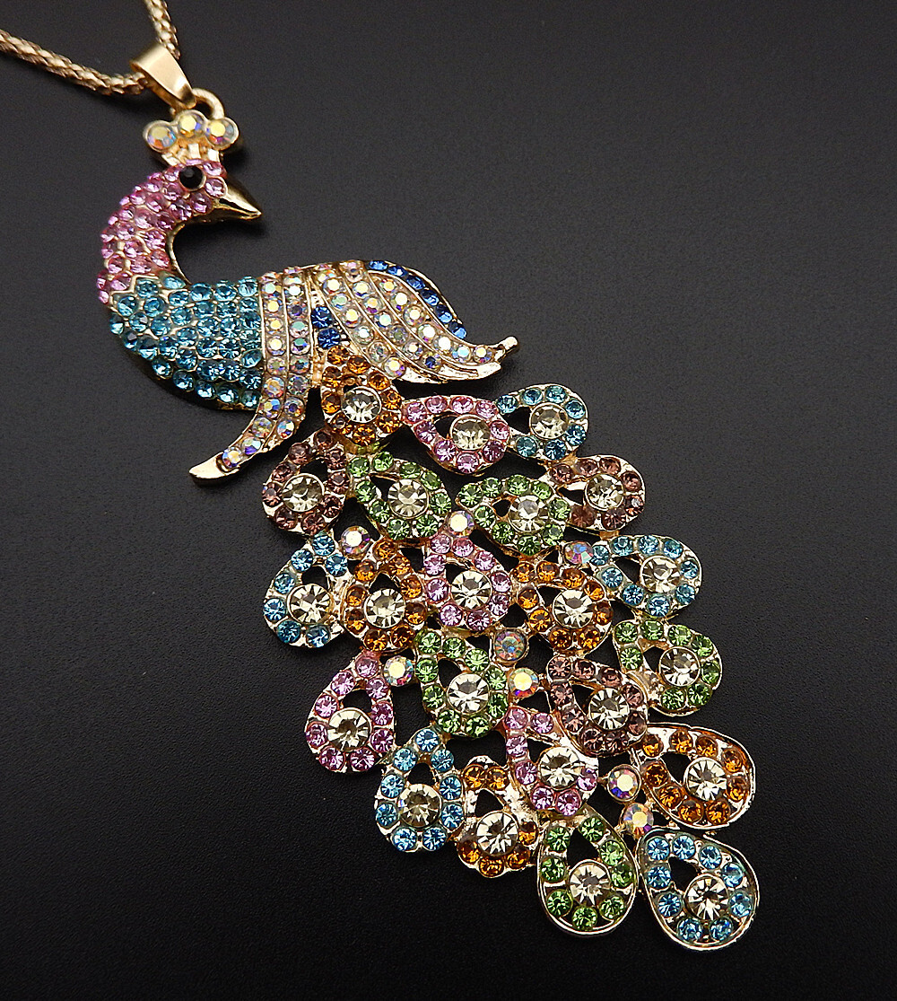 Sparkly Colorful Crystal Rhinestone Peacock Pendant Long Necklace | eBay