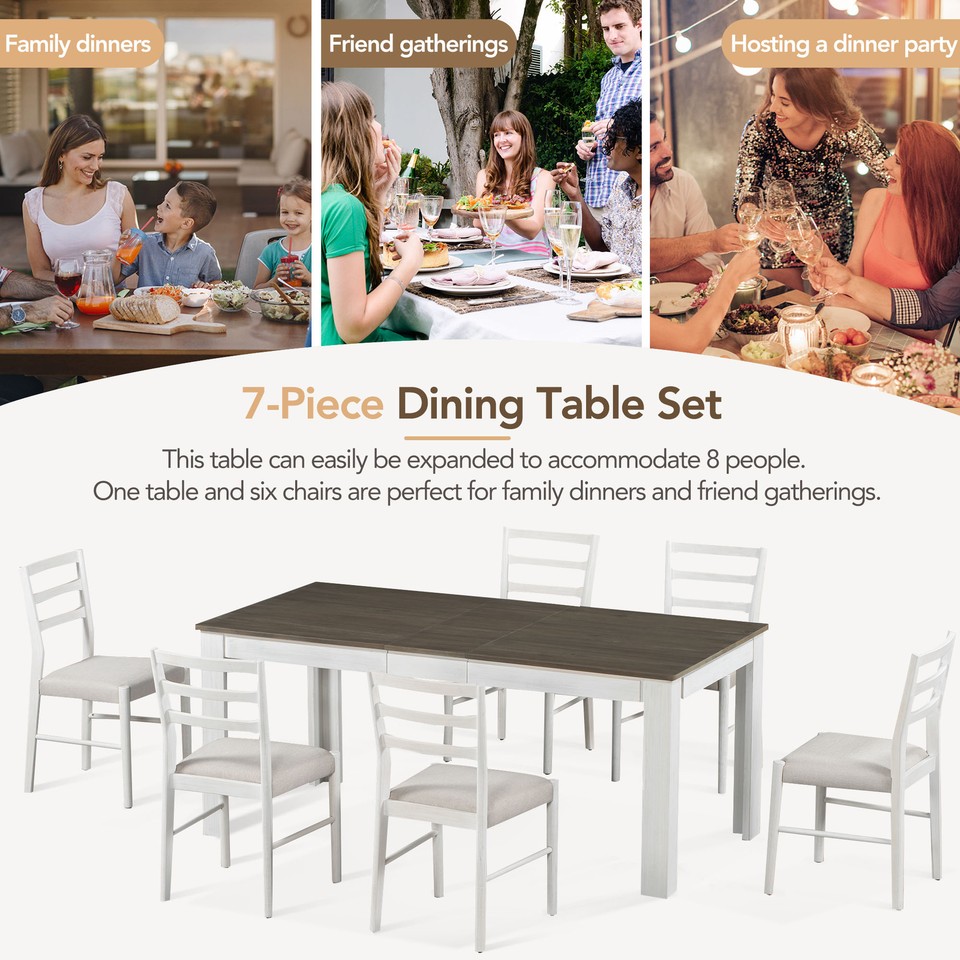 7-Piece Dining Table Set, Extendable Table w/2 Small Drawers, 6 Chairs ...