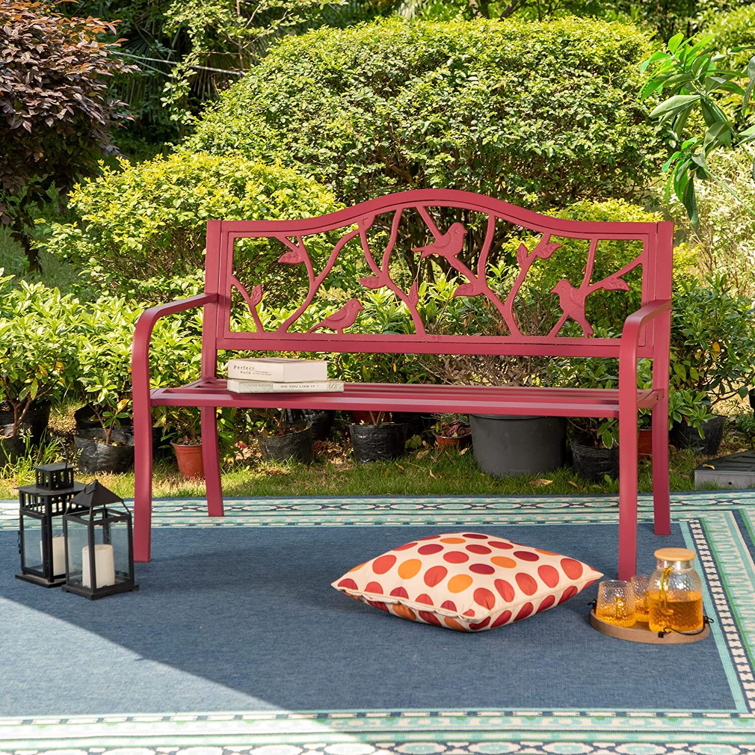 50" Nice Metal Bench Bird Design for Garden Front Back Yard Porch Heavy ...