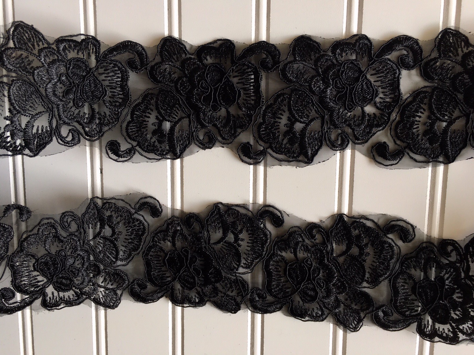 2 Yards Black Floral Embroidery Corded Ribbon Trim for Sewing/Crafts/2. ...