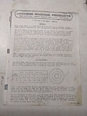 JACKSON MACHINE T-23 T-28 INDEX TABLES OPERATOR SERVICE MANUAL PARTS ...