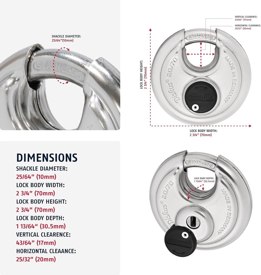 ABUS 20/70 Diskus Plus Heavy Duty Padlock Disk Lock 3/8" Keyed ...
