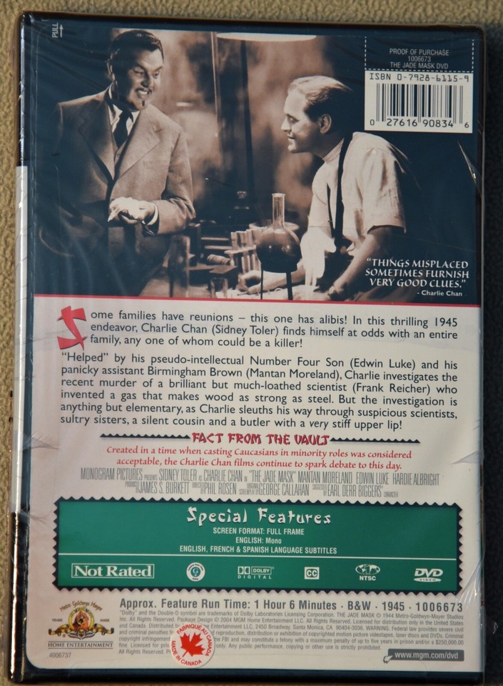 NEW- Sidney Toler as Charlie Chan in The Jade Mask DVD Edwin Luke | eBay