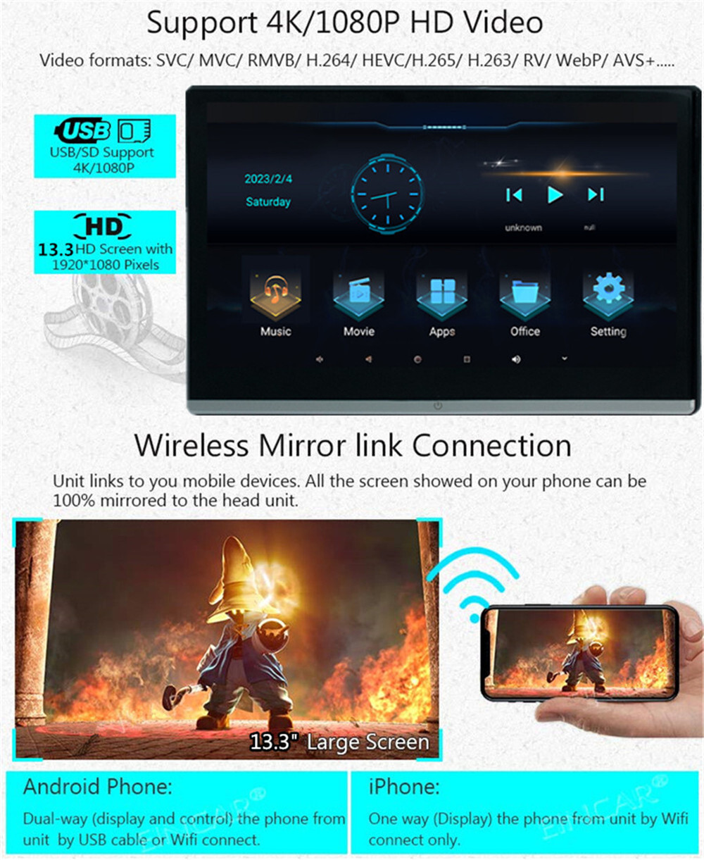 2Pcs 13.3in Car Rear Android Headrest Monitor Bluetooth Touch Screen ...