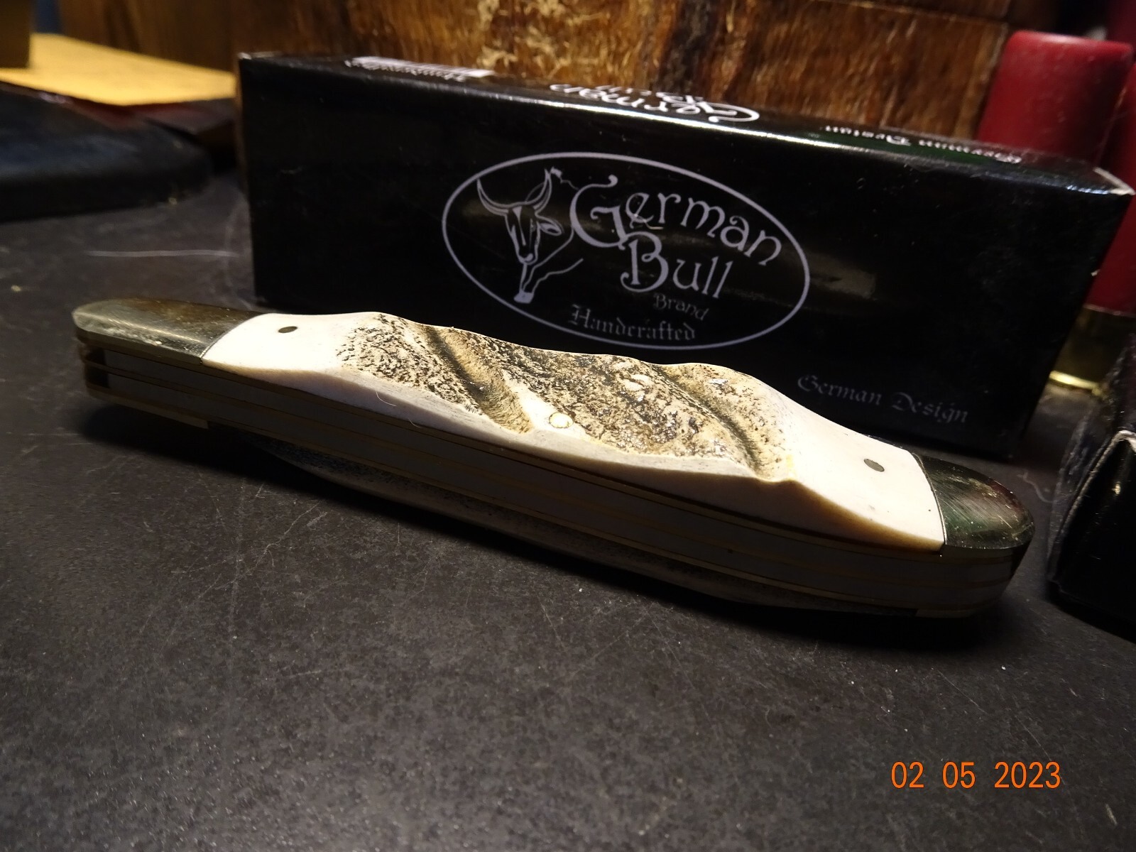 GERMAN BULL 4 1/2" POCKET KNIFE STAG HANDLE LARGE TRAPPER 2- 440HC ...