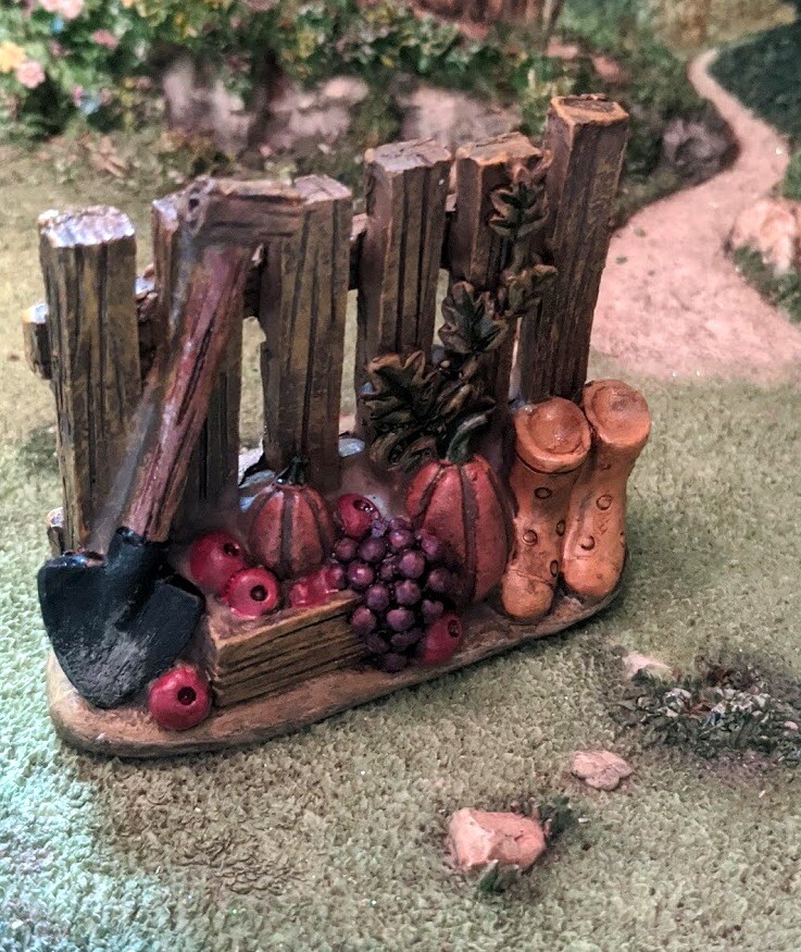 Fall Fence w Wellies Shovel and Fruit 2" 1 pc MI 51703 Miniature Fairy ...