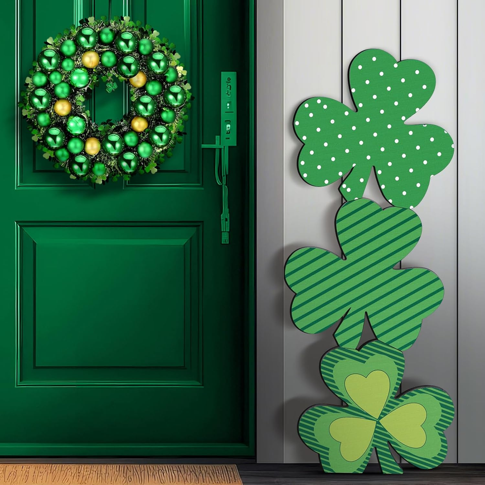 35 Inch St Patrick'S Day Porch Standing Decor Wood Green Shamrock Decor ...