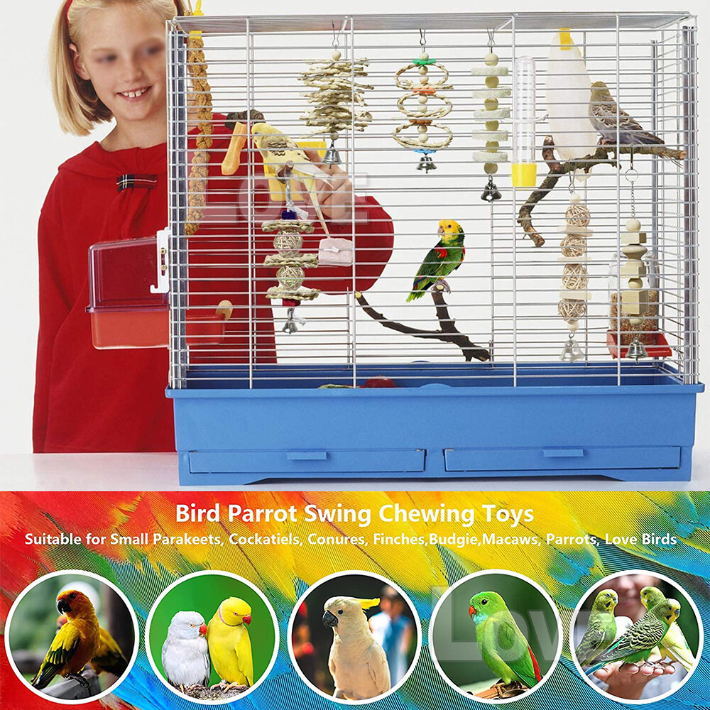 17pcs/set BIRD TOY Natural Wooden Parrot Cage Accessories Bird Chew ...
