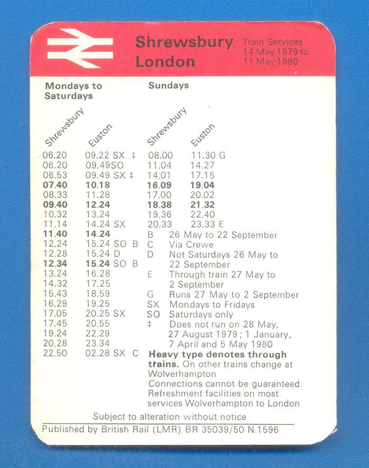 LONDON EUSTON-SHREWSBURY.14 MAY 1970 TO 11 MAY 1980.POCKET TIMETABLE | eBay