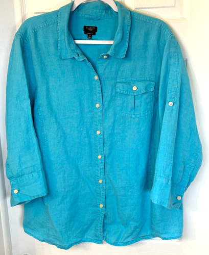 Talbots Pure Irish Linen Blouse Plus Sz 2X Blue 3/4 Roll Tab Sleeve ...