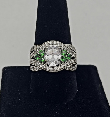 BBJ Signed Sterling Silver Green Gemstone Halo Pave Cocktail Ring Size ...