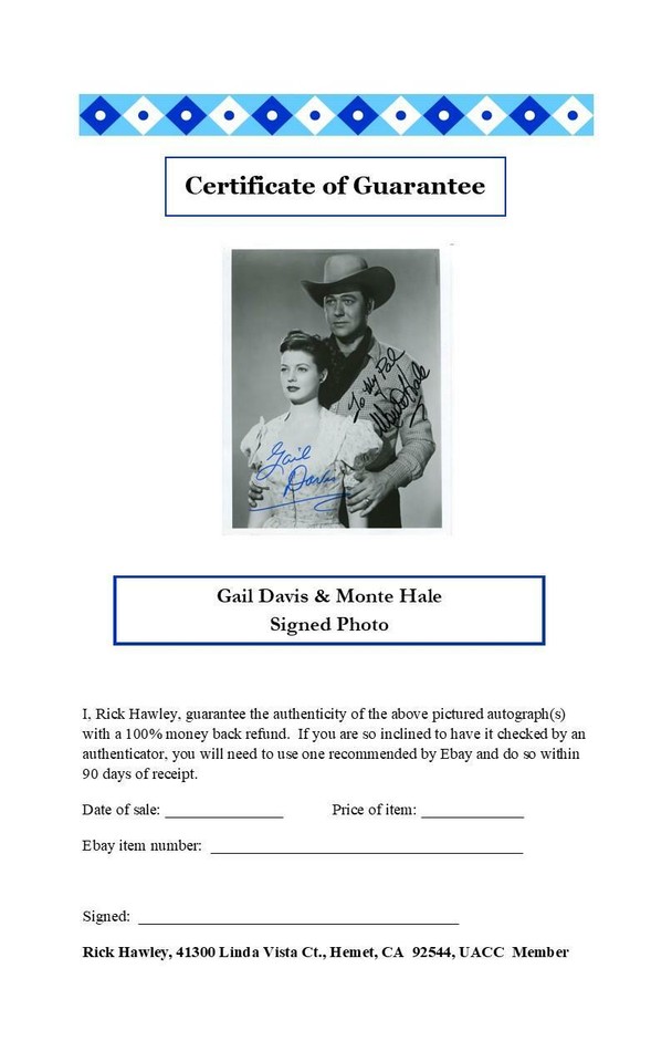 Gail Davis Monte Hale Autograph Tvs Annie Oakely Signed Photo Actor ...