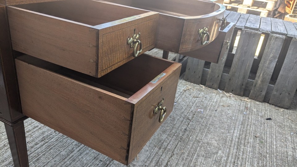 Antique writing desk with key long legs on castors 5 long drawers ...