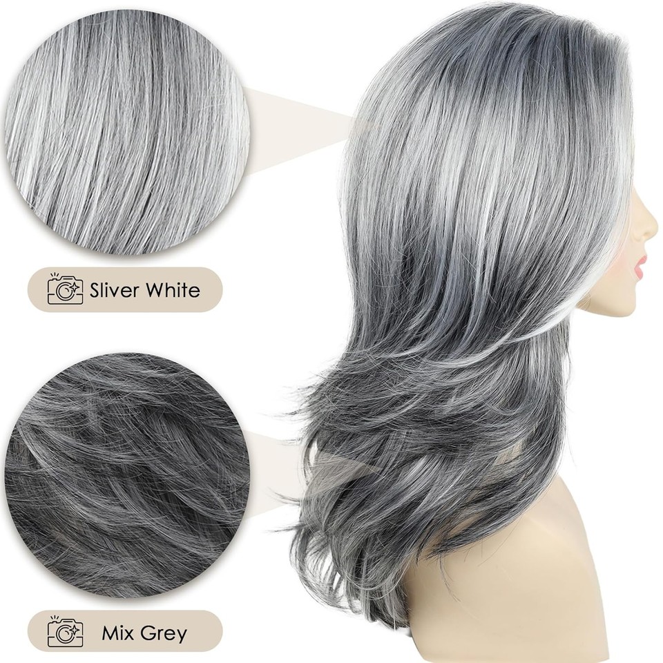 Grey Long Wavy Layered Wig for Women –Silver Synthetic Hair Wig Nat | eBay