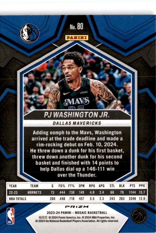 2023-24 Panini Mosaic #80 P.J. Washington Jr. Silver Dallas Mavericks ...