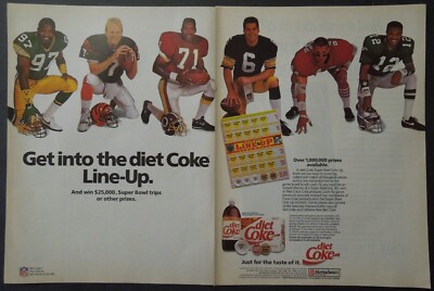 1990 DIET COKE NFL Super Bowl Lineup 2 Page Magazine Ad with Game Piece ...