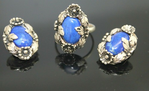 IBRIKCI BLUE HOWLITE FLOWER STERLING SILVER SET CLIP ON EARRINGS RING 9 ...