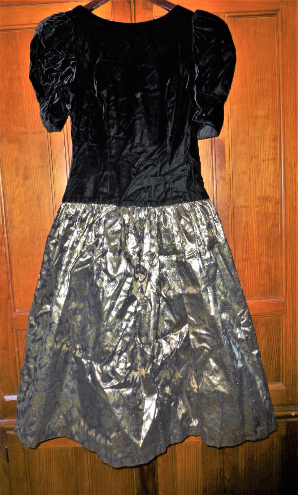VTG 80s Gold Metallic Lame Bow Black Velvet Evening Prom Formal DRESS ...
