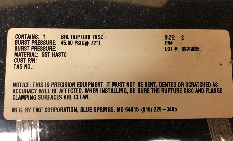 Fike 2" SRL Rupture Disc 45 PSIG @ 72 °F, 316 HASTC | eBay