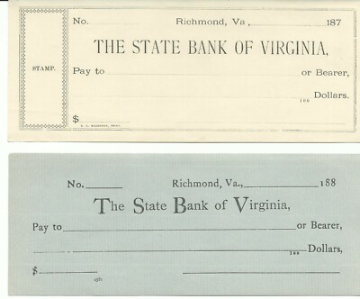 The State Bank of Virginia, 2 original unfilled checks (mint condition ...