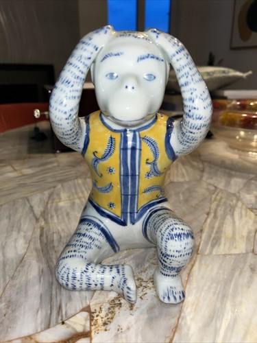 Vintage Chinese Chinoiserie Blue White Yellow Porcelain Monkey Figure 8 ...