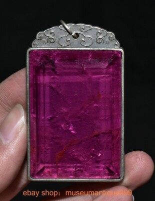 2.4" ancient Chinese Silver inlay purple gem decorative pattern amulet ...