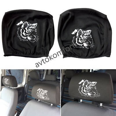 Tiger Pair Black Racing Headrest Covers Car Van Bus Head Rest Covers | eBay