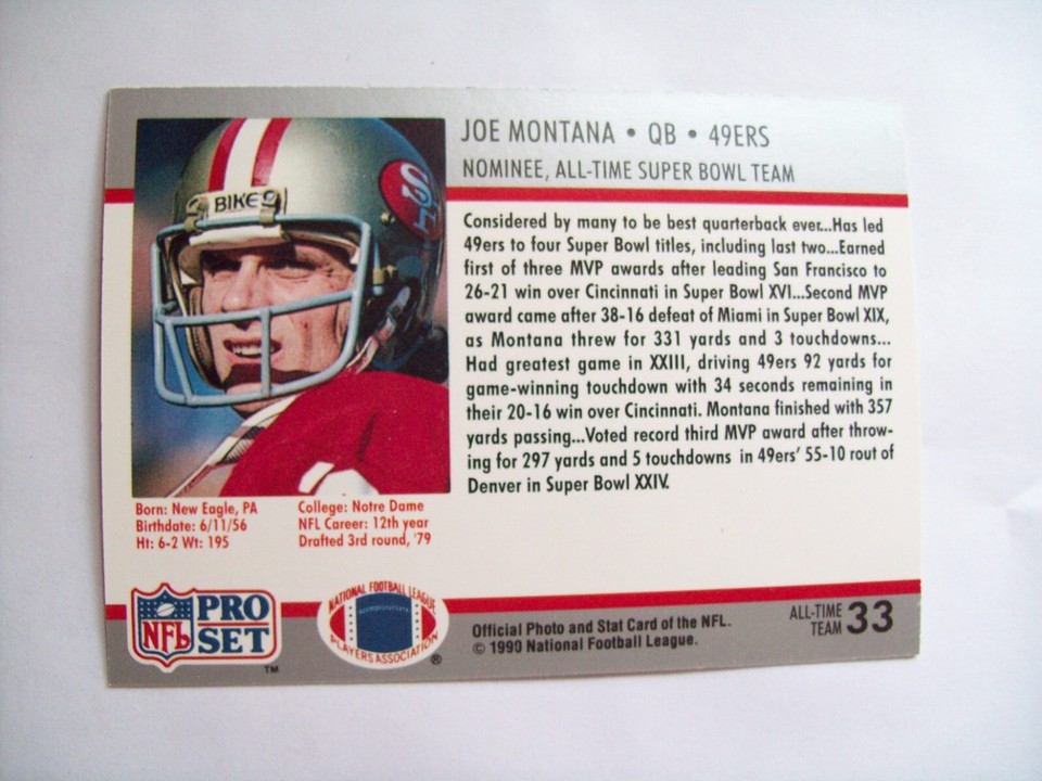 JOE MONTANA SF 49ers 1990 PRO SET SUPER BOWL SUPERMEN NFL #33 FOOTBALL ...