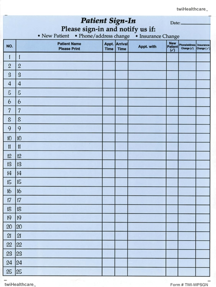 Patient Sign-In Sheets, 8-1/2" X 11" (Blue) Carbonless Form (3,125 ...