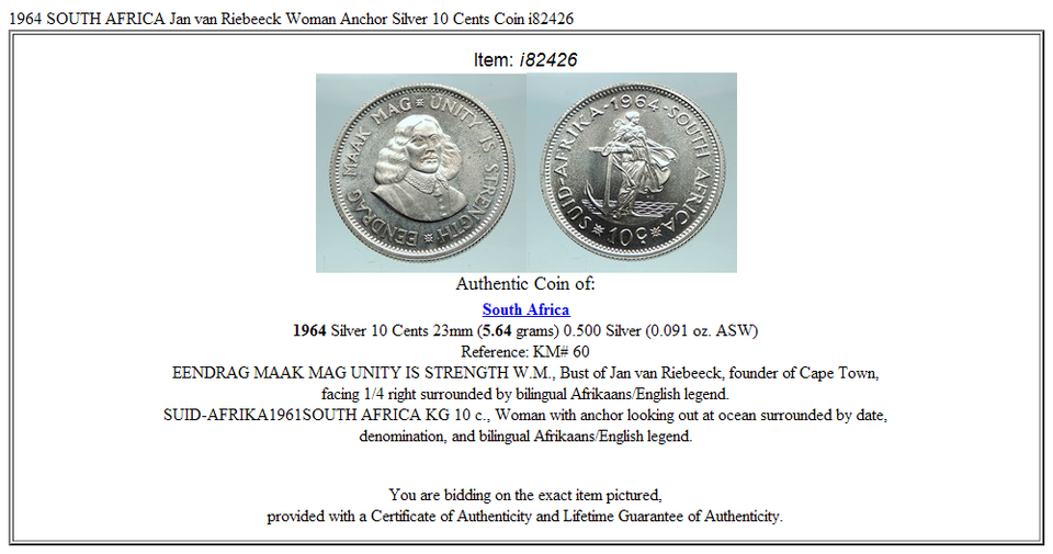 1964 SOUTH AFRICA Jan van Riebeeck Woman Anchor Silver 10 Cents Coin ...