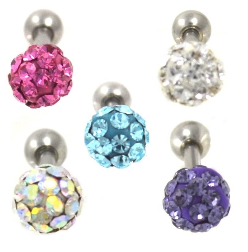 CRYSTAL PAVE BALL TRAGUS/CARTILAGE PIERCING BARBELL 16 Gauge 1/4" STUD ...