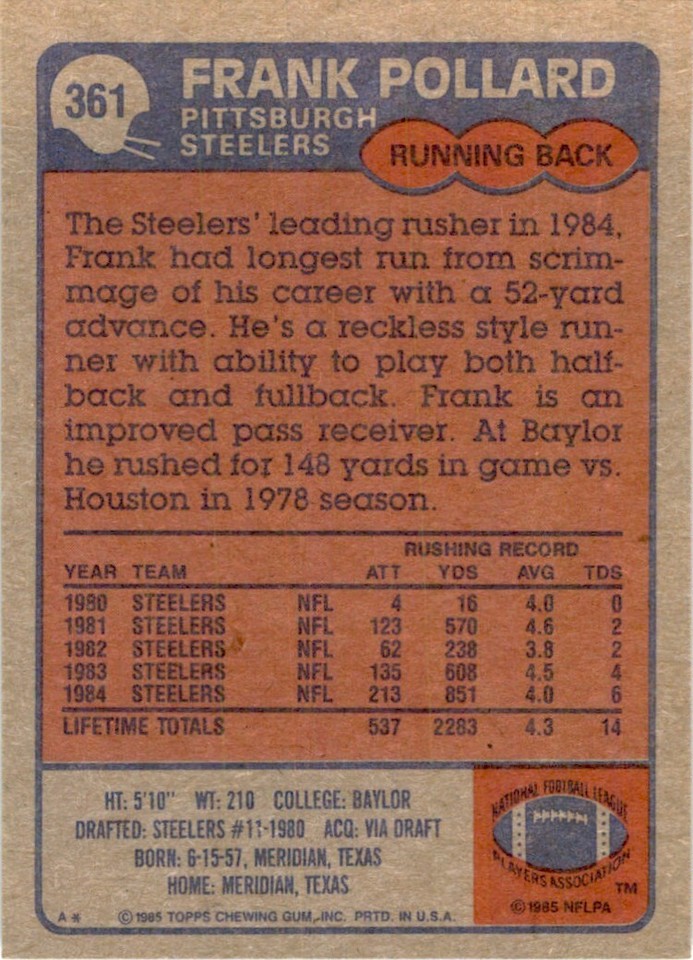 1985 TOPPS FRANK POLLARD. PITTSBURGH STEELERS #361 | eBay