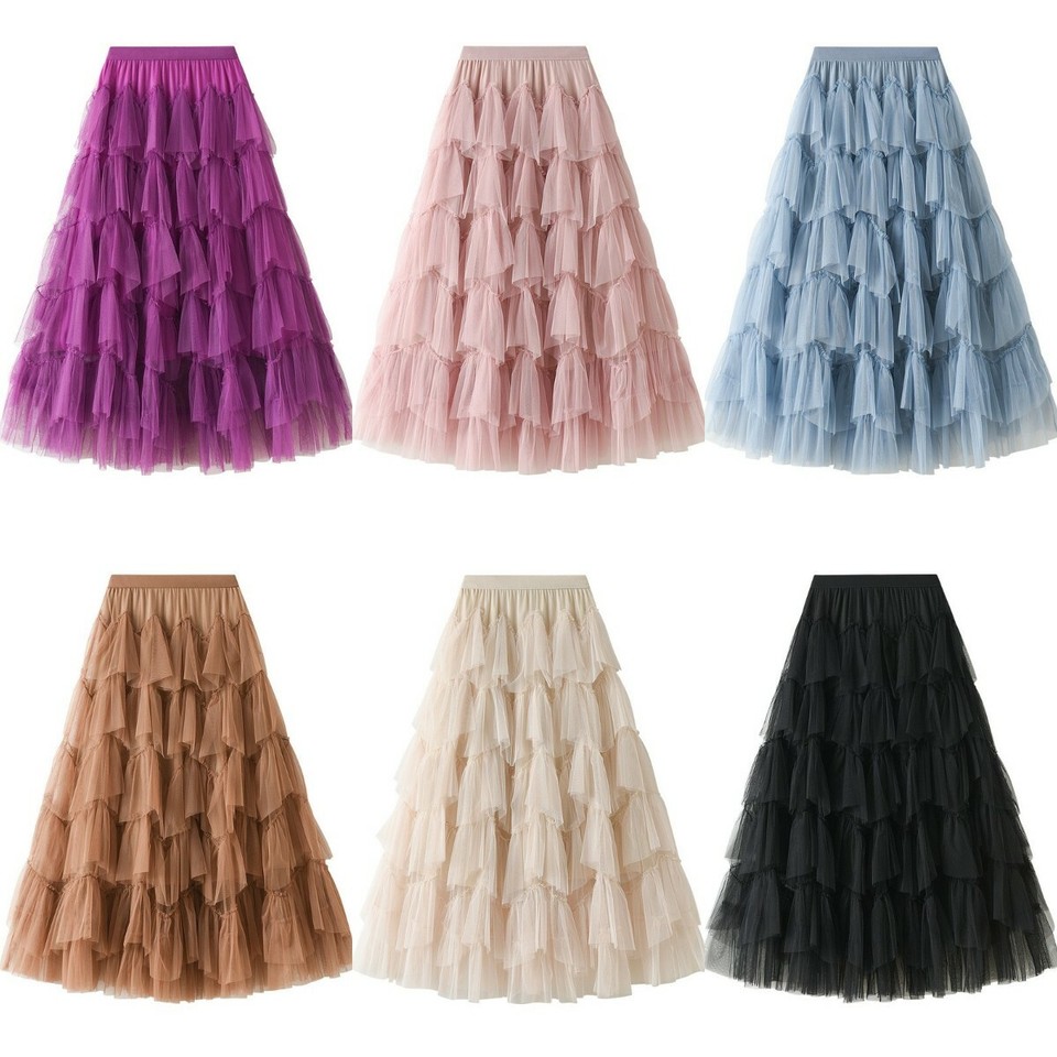 Women Layered Ruffles Tulle Skirt Elastic Waist Tutu Mesh Midi Tiered A ...