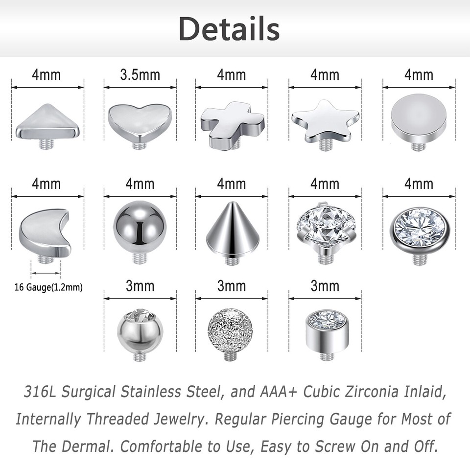 19/21 Pcs Micro Dermal Piercing Stainless Steel Dermal Anchor CZ Skin ...
