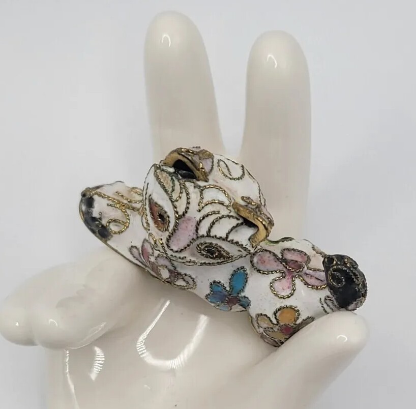 Miniature White Flower Power Cloisonné Metal Cat Figurine • Open Ears ...