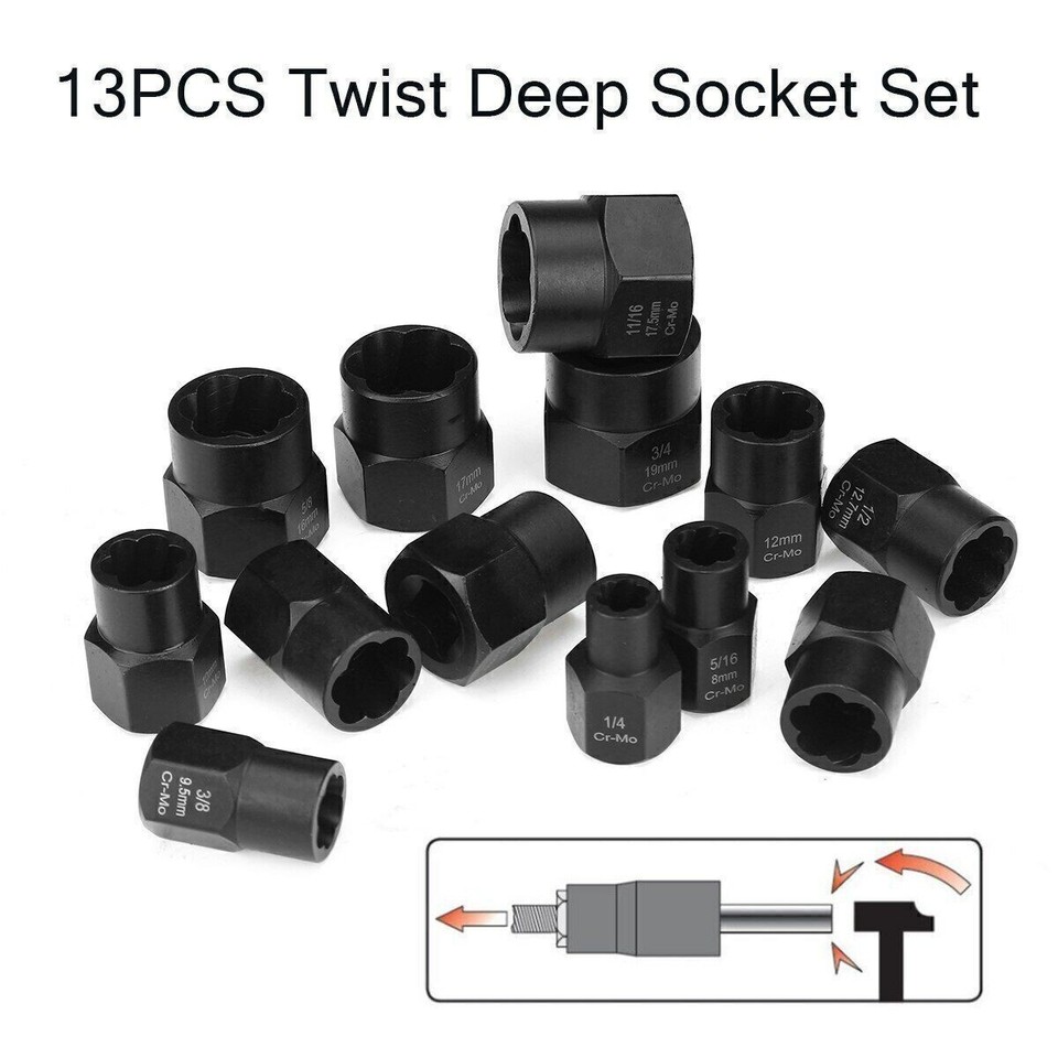 13pcs Impact Damaged Bolt Nut Screw Remover Extractor Set Twist Socket ...