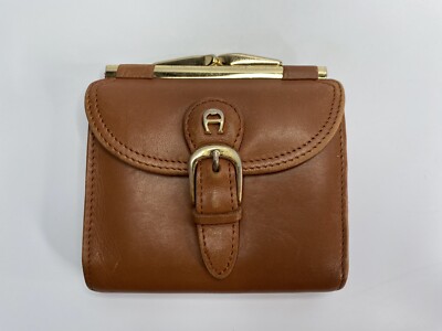 Etienne Aigner Brown Leather Bifold Clamshell Wallet Brass Kiss Lock ...