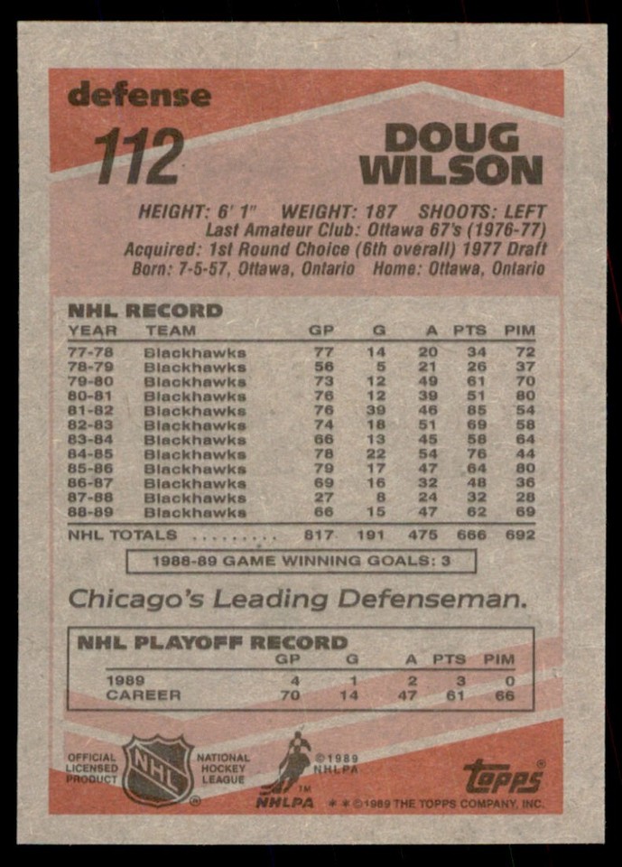 1989-90 TOPPS DOUG WILSON CHICAGO BLACKHAWKS #112 | eBay