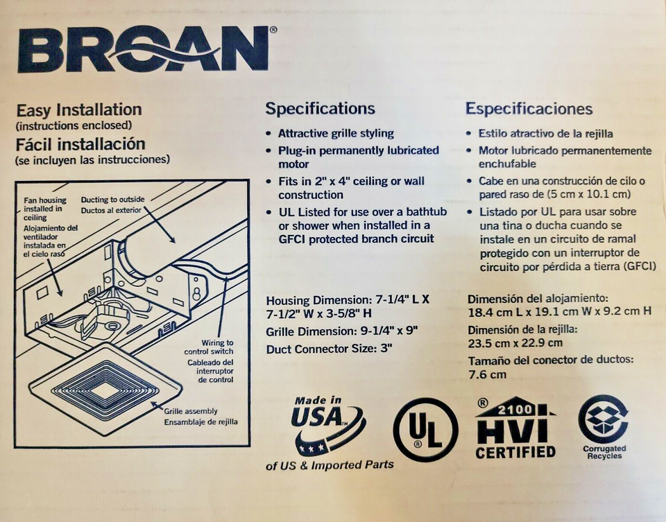 Broan Bath Deluxe Exhaust Ventilation White Fan 70 Cfm 671/653007 Quiet ...