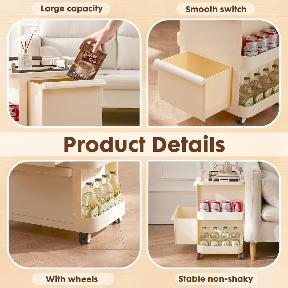 Narrow Rolling Utility Cart with Drawers 2-Tier Open Shelves, Lockable ...