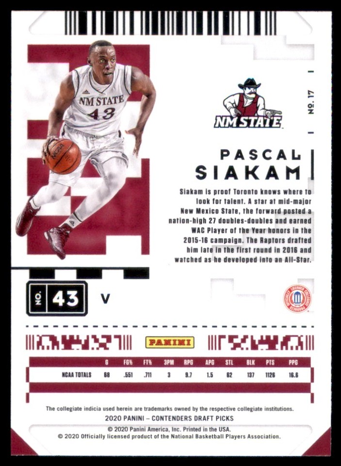 2020-21 Panini Contenders Draft Picks Variations Pascal Siakam #17 153851 | eBay