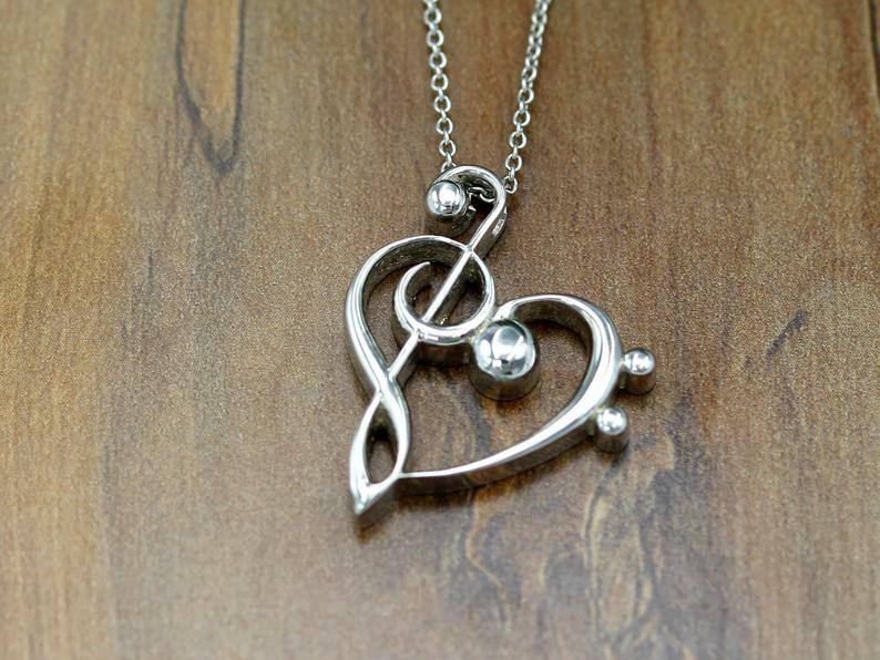 Musical Note Clef and Bass Women Love Charm Pendant Chain White Gold ...