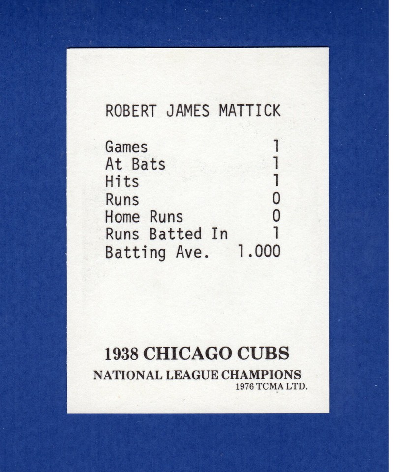 BOBBY MATTICK, 1938 Chicago Cubs ~ National League Champions card ...