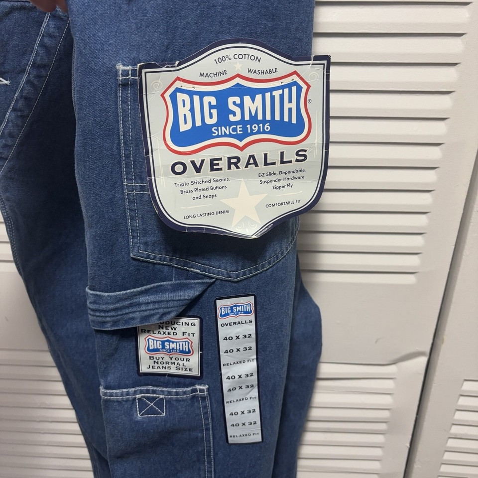 NWT Big Smith Bib Overalls Blue Denim Mens 40x32 Cargo Carpenter Ranch ...