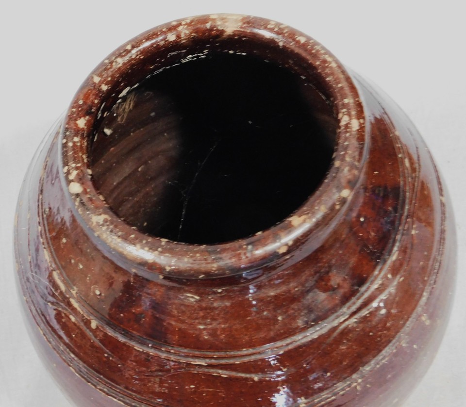 Antique redware storage jar early 19th century lead glaze incise ...